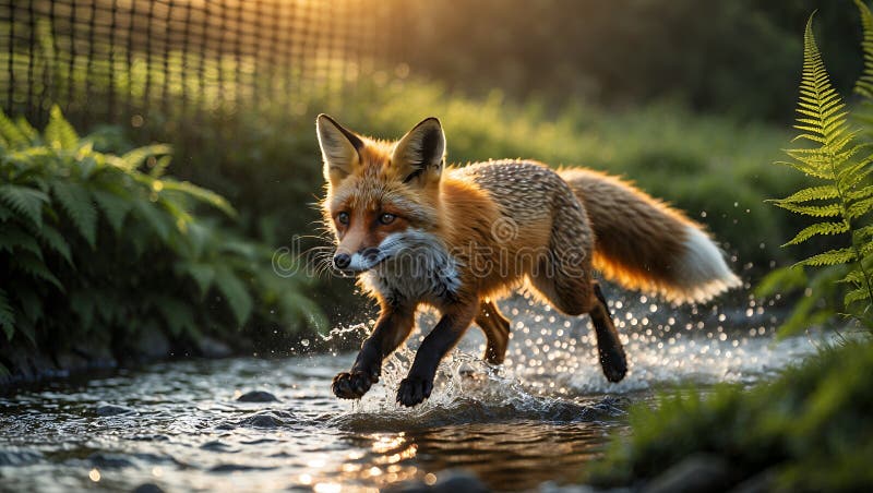 Red Fox Leaping Across a Stream at Golden Hour Stock Illustration ...