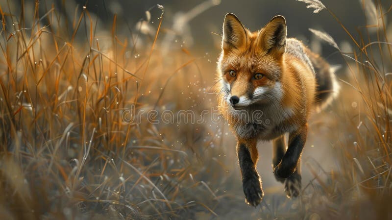 A Fox Running through Tall Grass, Dynamic Fox in Motion Stock Photo ...