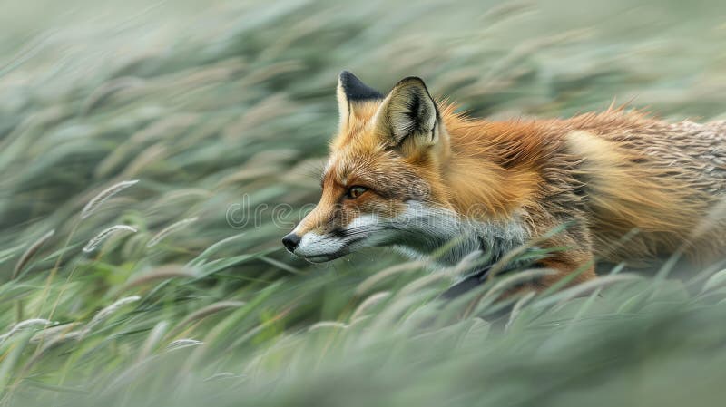 A Fox Running through Tall Grass, Dynamic Fox in Motion Stock Photo ...