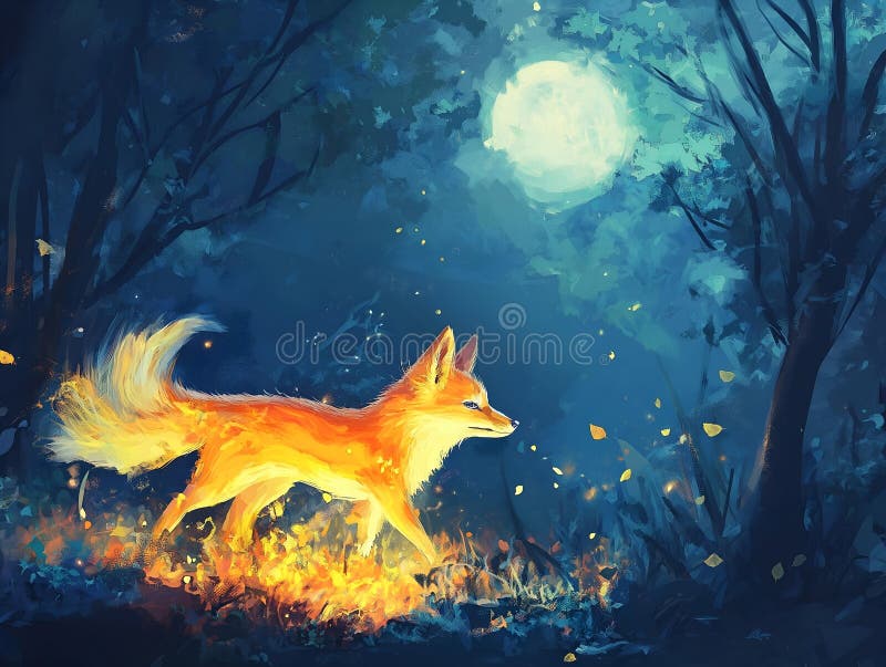 A Fox is Running Under a Full Moon, Dark Trees and Soft Light Create a ...