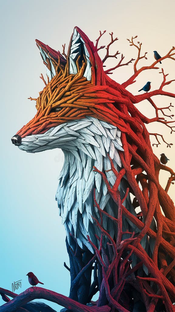 A Fox S Profile, Meticulously Crafted from Intertwining Tree Branches ...