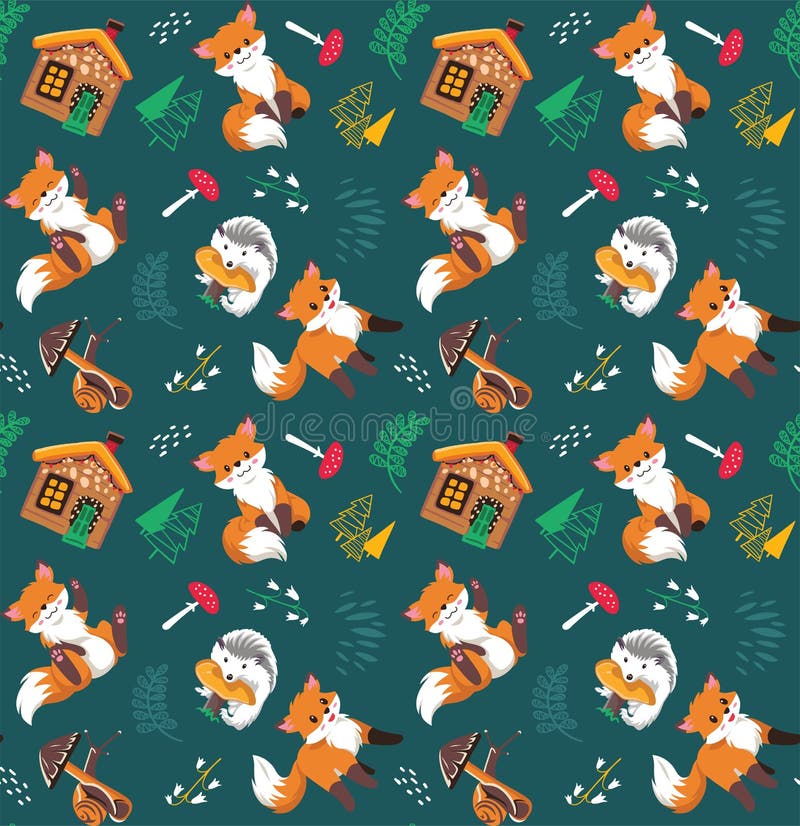 Fox Seamless Pattern on Green Forest Background Stock Vector ...