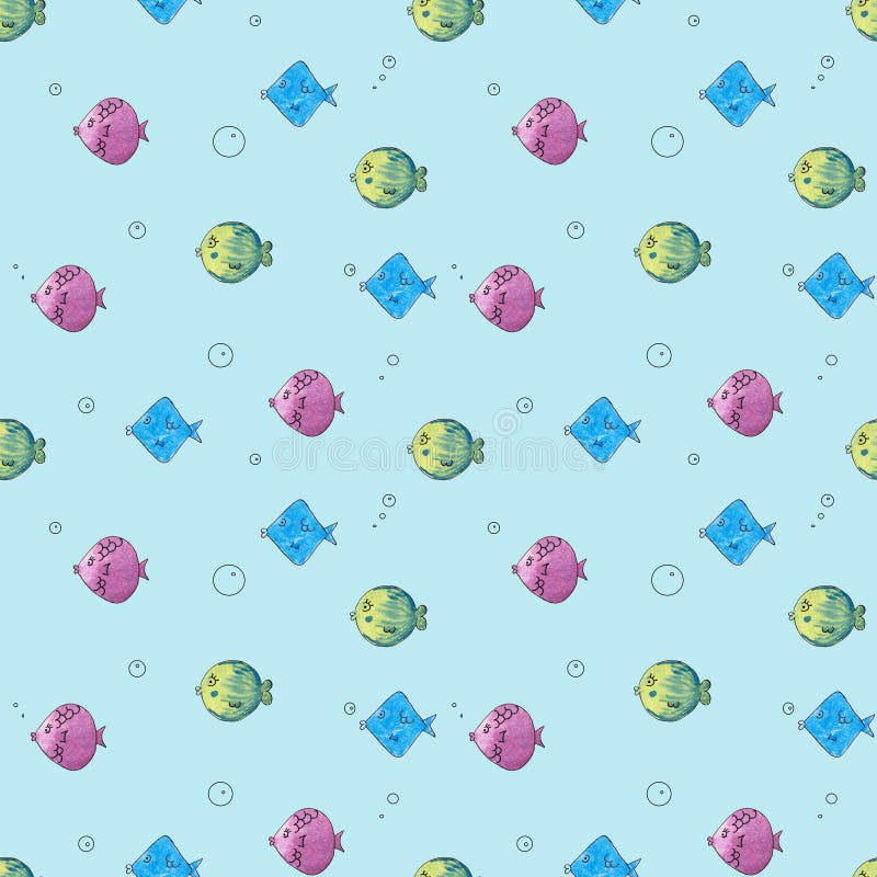 A Fish, Seamless Pattern. Watercolor Hand Drawn, Fish Head Seamless ...