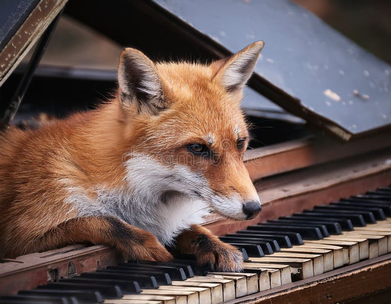 A Fox is Seen with Its Paws Resting on the Keys of an Old, Forgotten ...