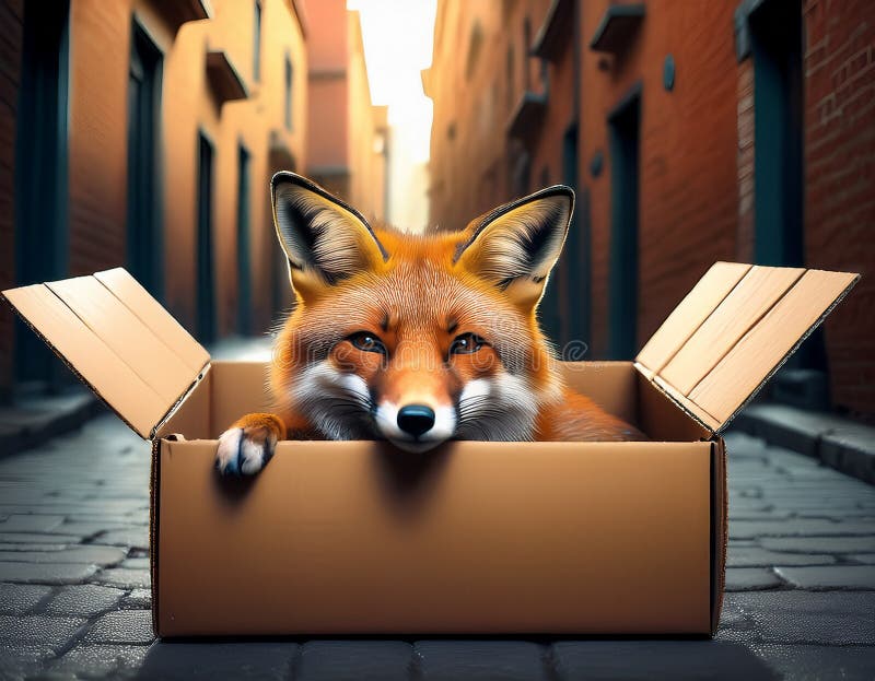 A Fox is Seen Lying Inside an Empty Cardboard Box in an Alleyway Stock ...