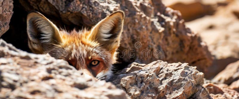 Fox Peeking from Rocky Den in Natural Setting Stock Image - Image of ...
