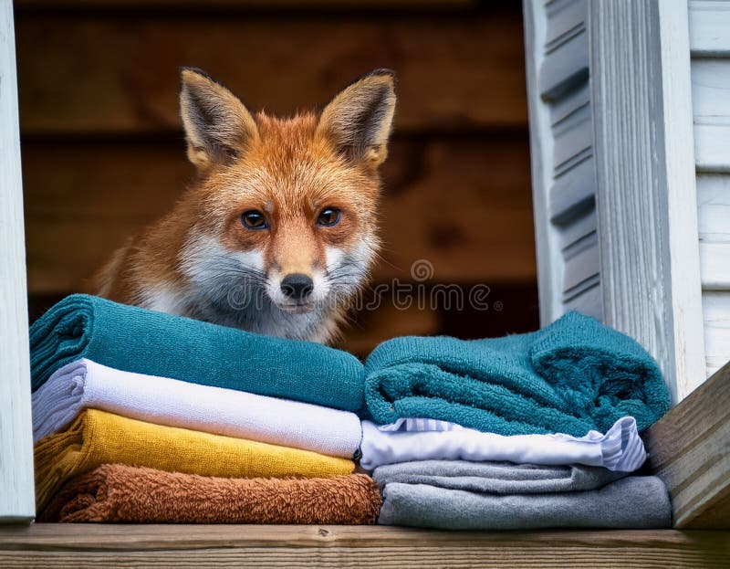A Fox is Seen Peeking Out from Behind a Stack of Neatly Folded Laundry ...