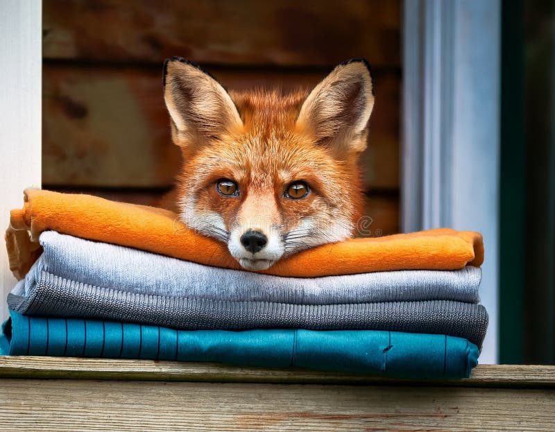 A Fox is Seen Peeking Out from Behind a Stack of Neatly Folded Laundry ...