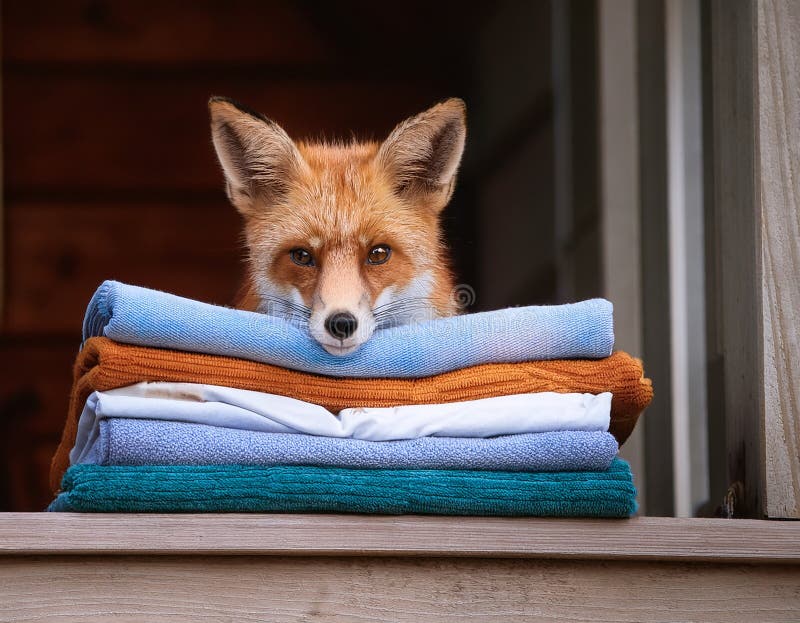 A Fox is Seen Peeking Out from Behind a Stack of Neatly Folded Laundry ...
