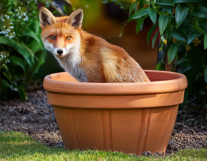 A Fox is Seen Sitting Inside a Large, Empty Flowerpot in a Garden, Its ...