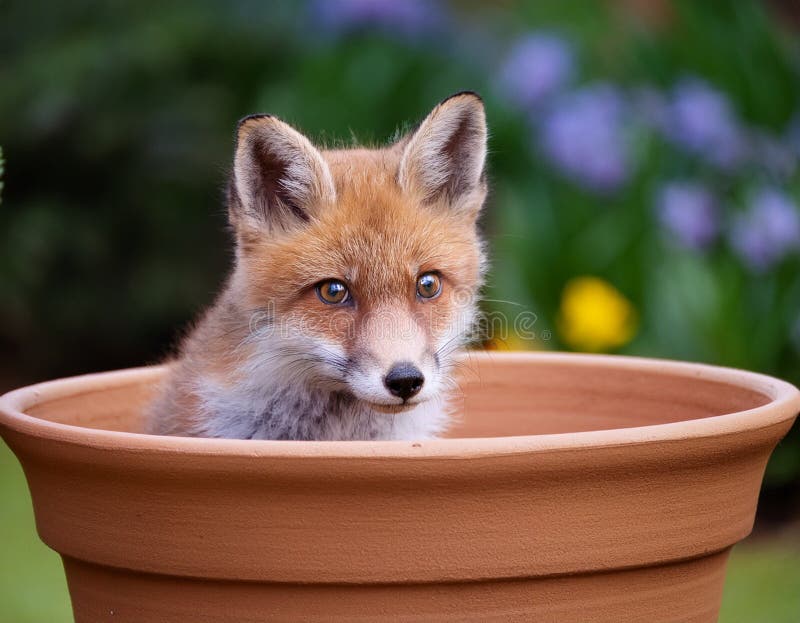 A Fox is Seen Sitting Inside a Large, Empty Flowerpot in a Garden, Its ...