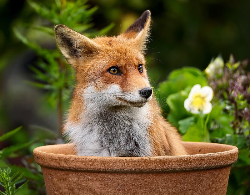 A Fox is Seen Sitting Inside a Large, Empty Flowerpot in a Garden, Its ...