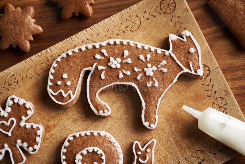 Fox Shaped Homemade Gingerbread Christmas Cookie Decorated with White ...
