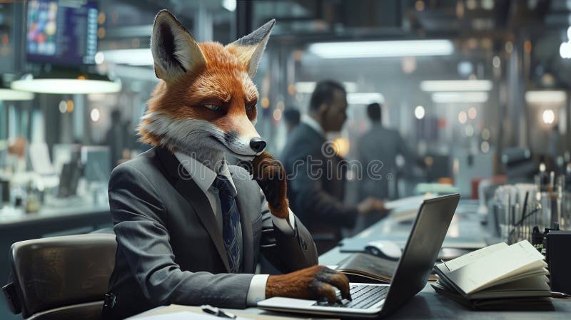 A Fox in a Sharp Business Suit Thinking and Typing on a Laptop in a ...