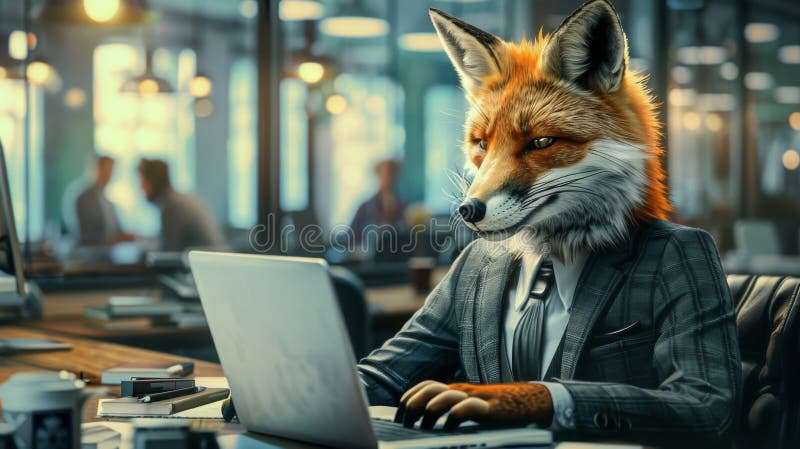 A Fox in a Sharp Business Suit Typing on a Laptop in a Bustling Office ...