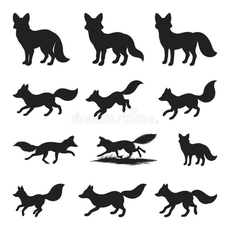 Fox Silhouette Set Isolated Vector Animals, Fox Jumping Silhouette, Fox ...