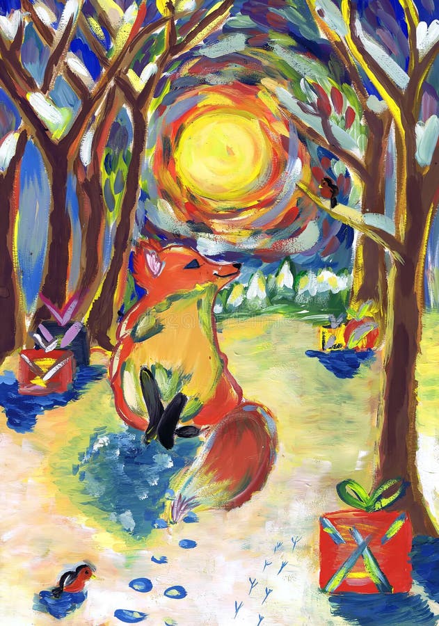 The Fox Sits Against the Bright Sun with a Gift by the Tree. Children S ...