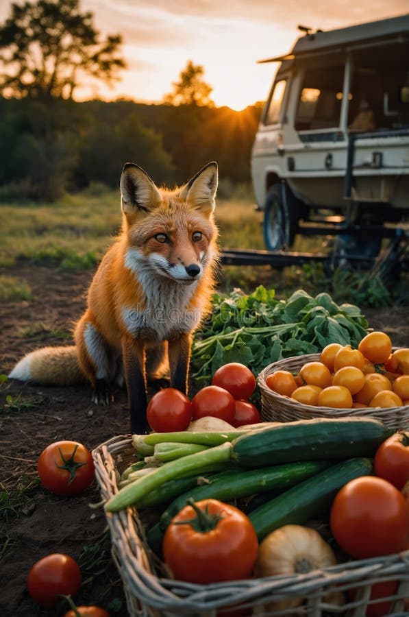 Red Fox in a Vegetable Garden at Sunset Stock Illustration ...
