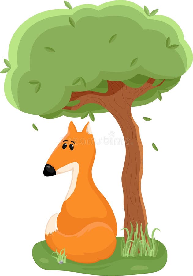 The Fox Sits Under a Tree, Cartoon Style, Vector. Stock Vector ...