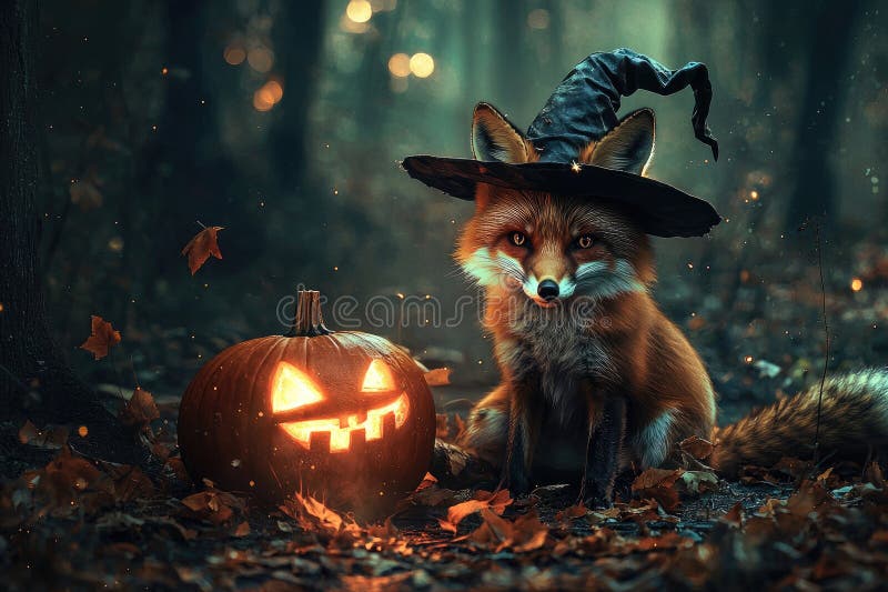 A Fox is Sitting in Front of a Pumpkin with a Scary Face Stock Image ...