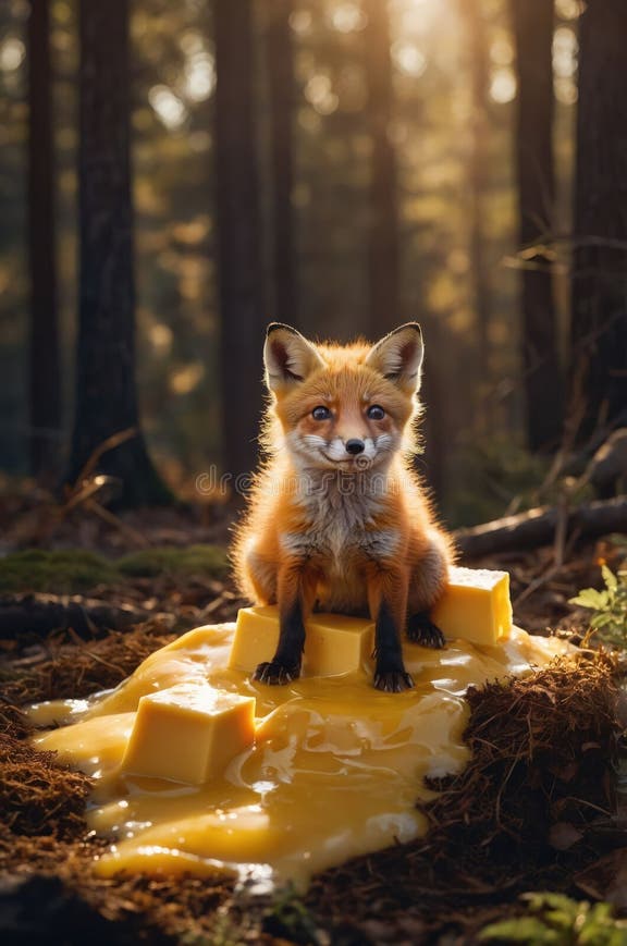 Adorable Red Fox Kit Sitting on Melted Cheese in the Forest Stock ...