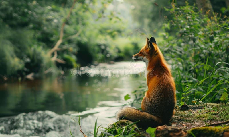 Fox Sitting by a River, Lush Greenery Stock Image - Image of europe ...