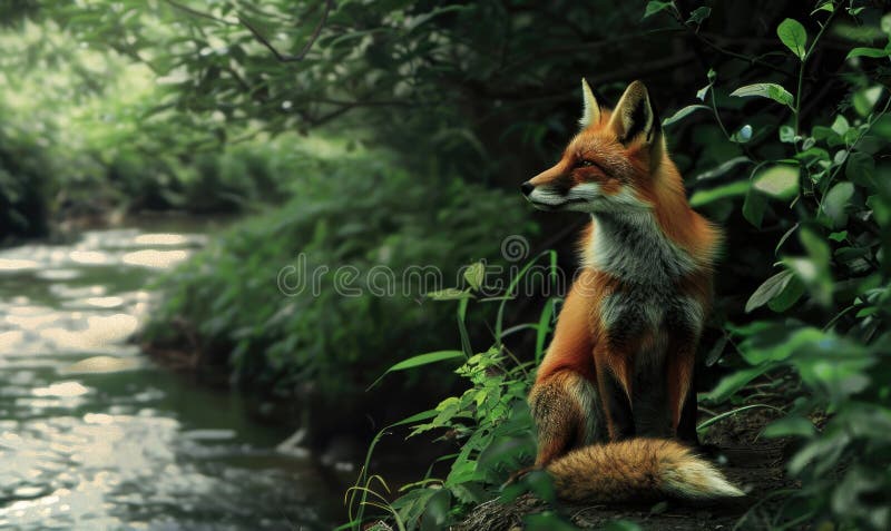Fox Sitting by a River, Lush Greenery Stock Image - Image of beast ...