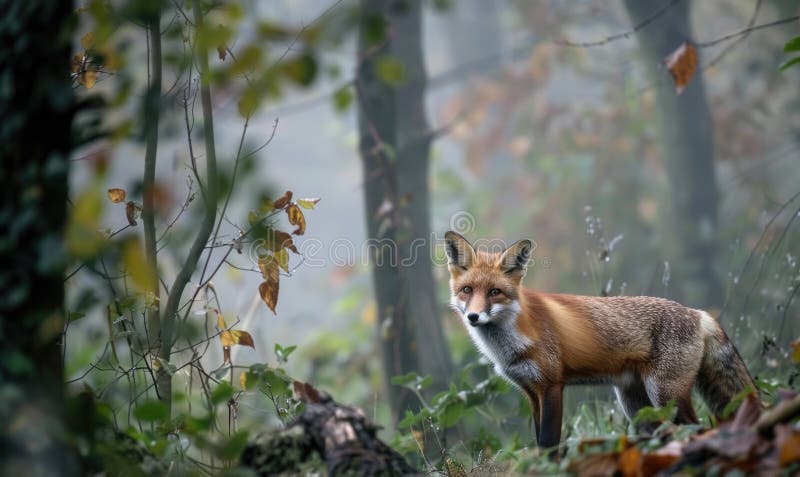 Fox Sitting on a Stump in a Dense Forest, Dappled Sunlight Stock Photo ...