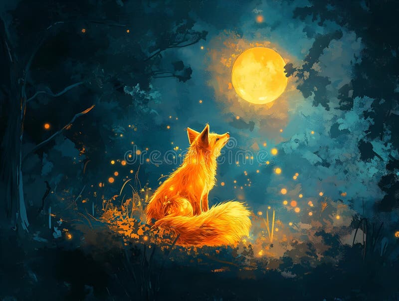 A Fox is Sitting Under a Full Moon, a Dark Forest and Soft Light Create ...