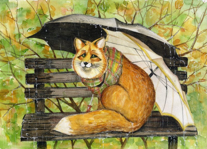The Fox is Sitting Under an Umbrella. it is Raining. Autumn Stock ...