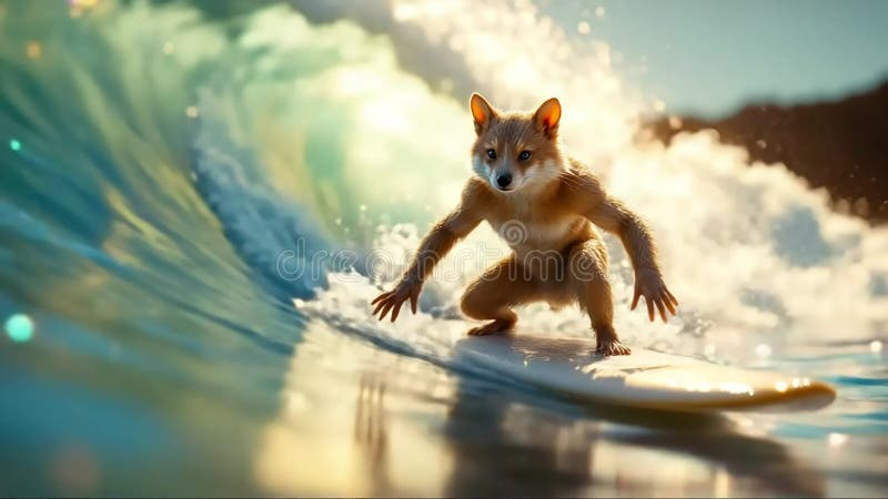 A Fox Skillfully Surfs a Wave at Sunset, Balancing Gracefully on a ...