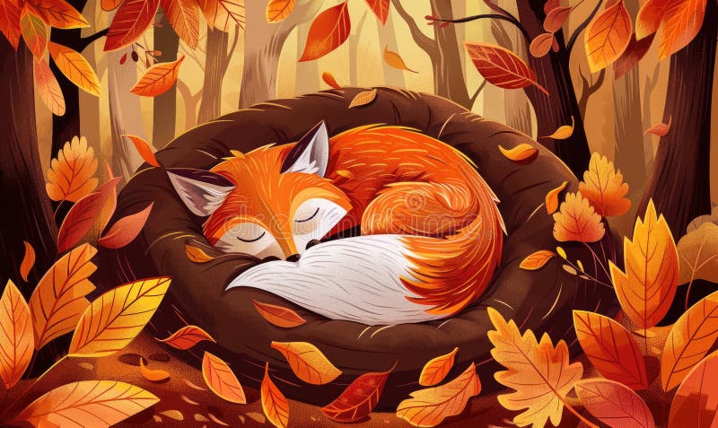 A Fox is Sleeping in a Pile of Leaves Stock Photo - Image of poster ...