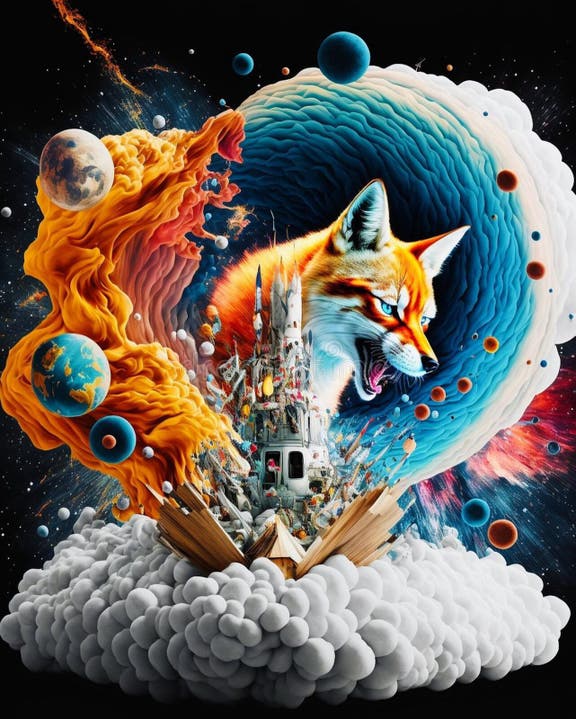 Fox in smoke and planets stock photo. Image of cartoon - 270387918