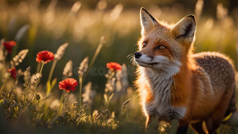Golden Hour Red Fox in a Poppy Field Stock Illustration - Illustration ...