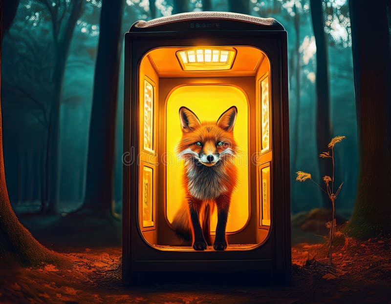 A Fox Standing Inside a Glowing Phone Booth in a Dark Forest ...