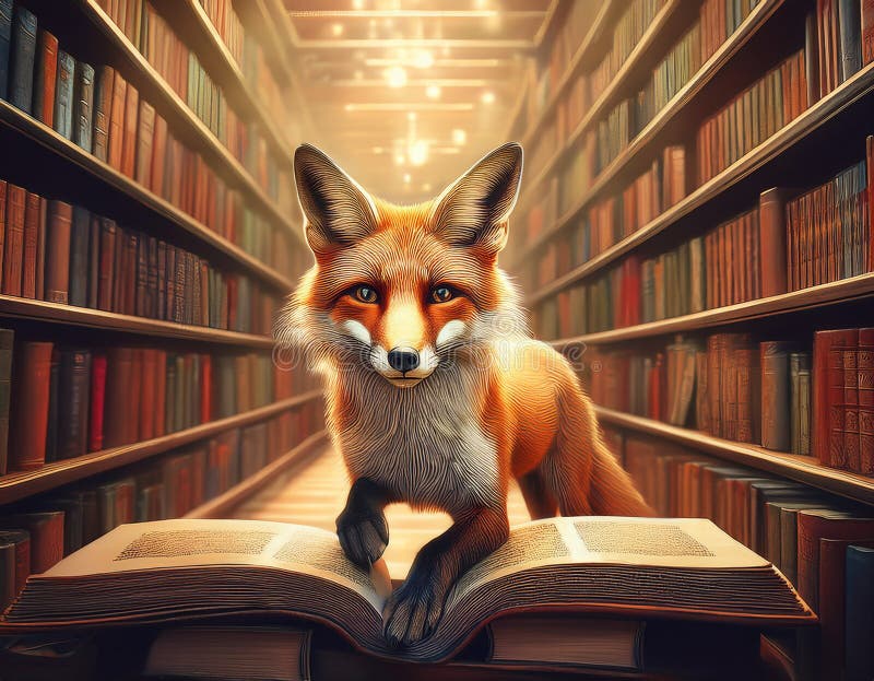 A Fox Standing in a Library Aisle Filled with Books, Resting a Paw on ...