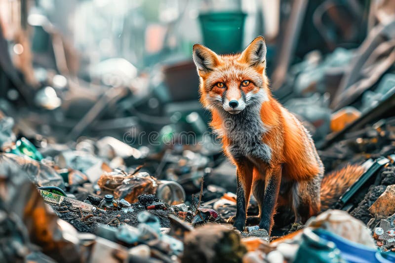 Fox is Standing in a Pile of Trash Stock Photo - Image of orange, fauna ...
