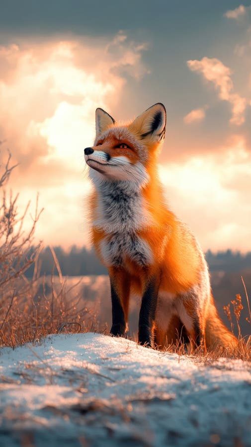 Fox Standing Proudly on Snowy Hill at Sunset Stock Illustration ...