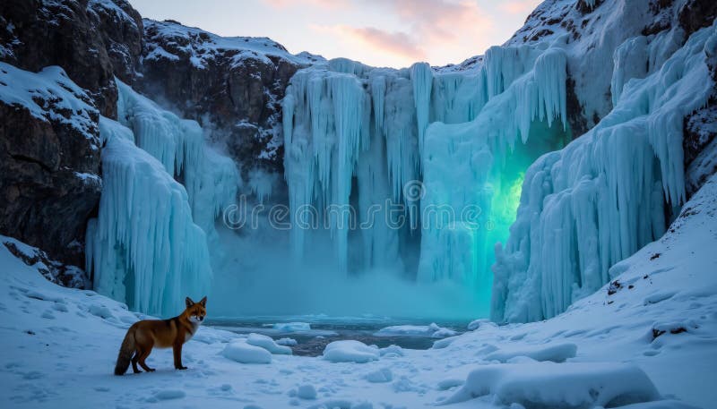 Fox Standing in Snowy Landscape with Frozen Waterfall Stock ...