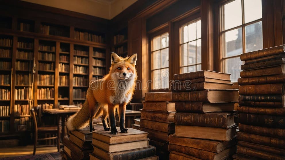 Red Fox Standing on Stack of Antique Books in a Library Stock ...