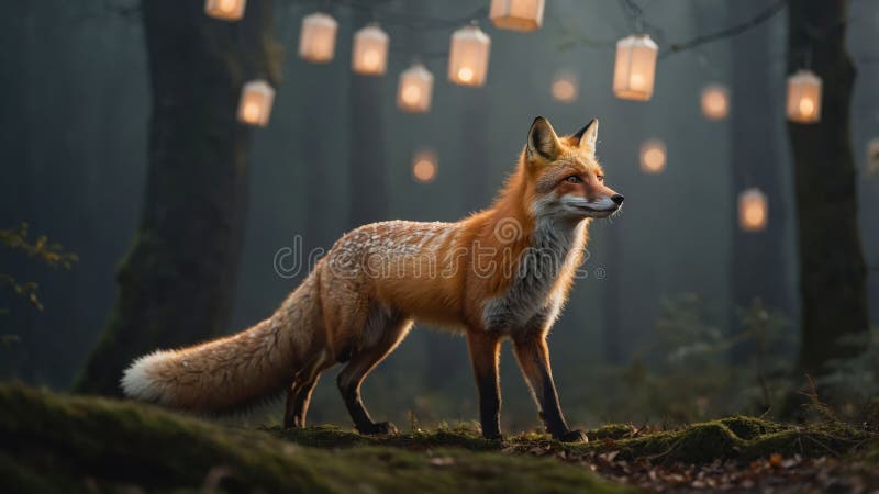 Majestic Red Fox in Enchanted Forest with Fairy Lights Stock ...