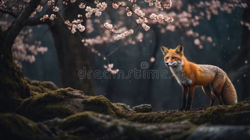 Red Fox Standing among Blooming Cherry Blossoms in a Forest Stock ...