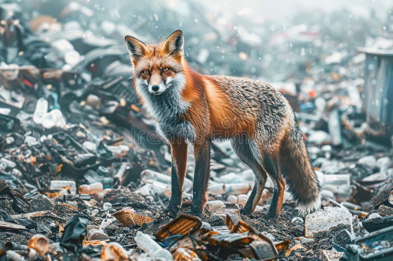 Fox Stands in a Pile of Trash, Looking at the Camera Stock Image ...