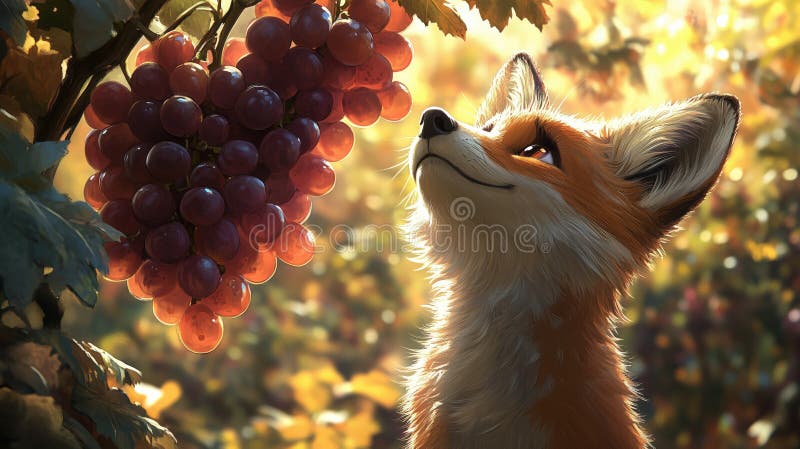 Fox Staring at Grape Cluster in Sunlit Vineyard. Stock Illustration ...