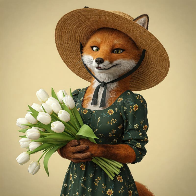 Fox with Straw Hat and Springtime Tulips Stock Illustration ...