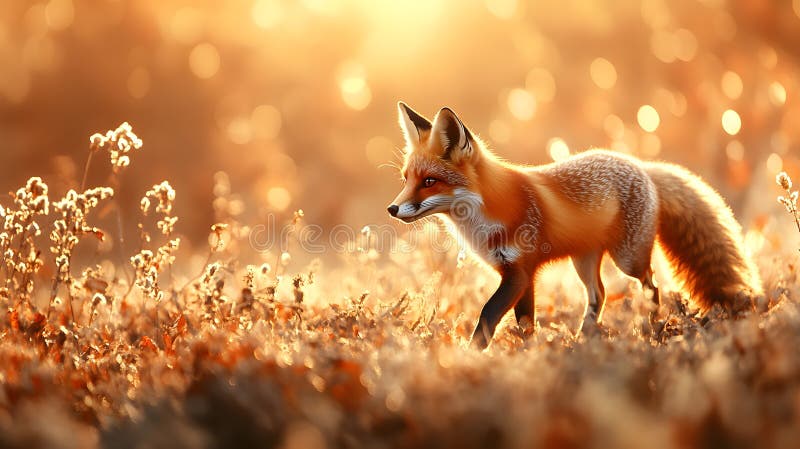 A Fox Strolling through Autumn Fields with Golden Light Stock ...