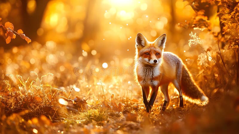 A Fox Strolling through Autumn Fields with Golden Light Stock ...