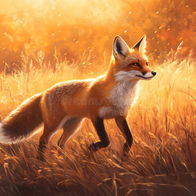 A Fox Strolling through Autumn Fields with Golden Light Stock ...