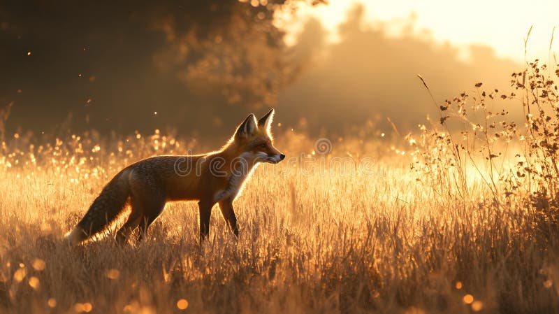 A Fox Strolling through Autumn Fields with Golden Light Stock ...