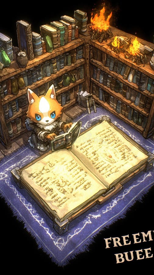 Fox Studying Ancient Tome in Library Stock Illustration - Illustration ...